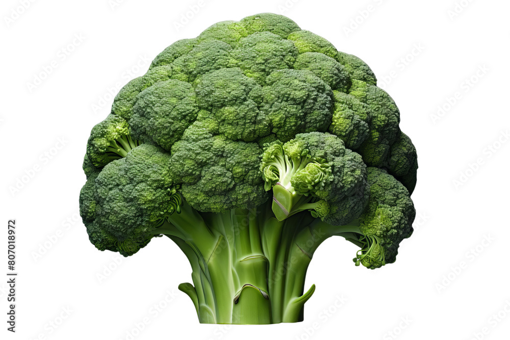 This picture shows a crown of broccoli on a white background. The ...