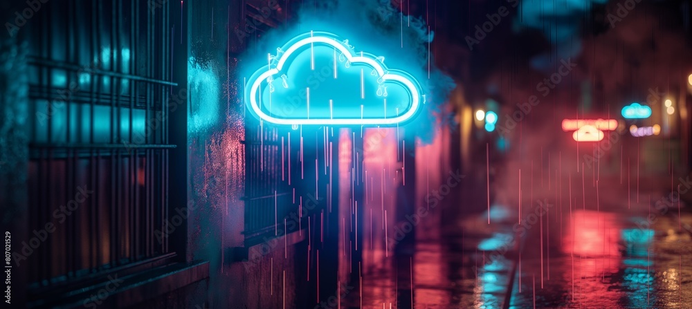 A neon rain cloud sign glowing in darkness, emitting rain droplets. The ...