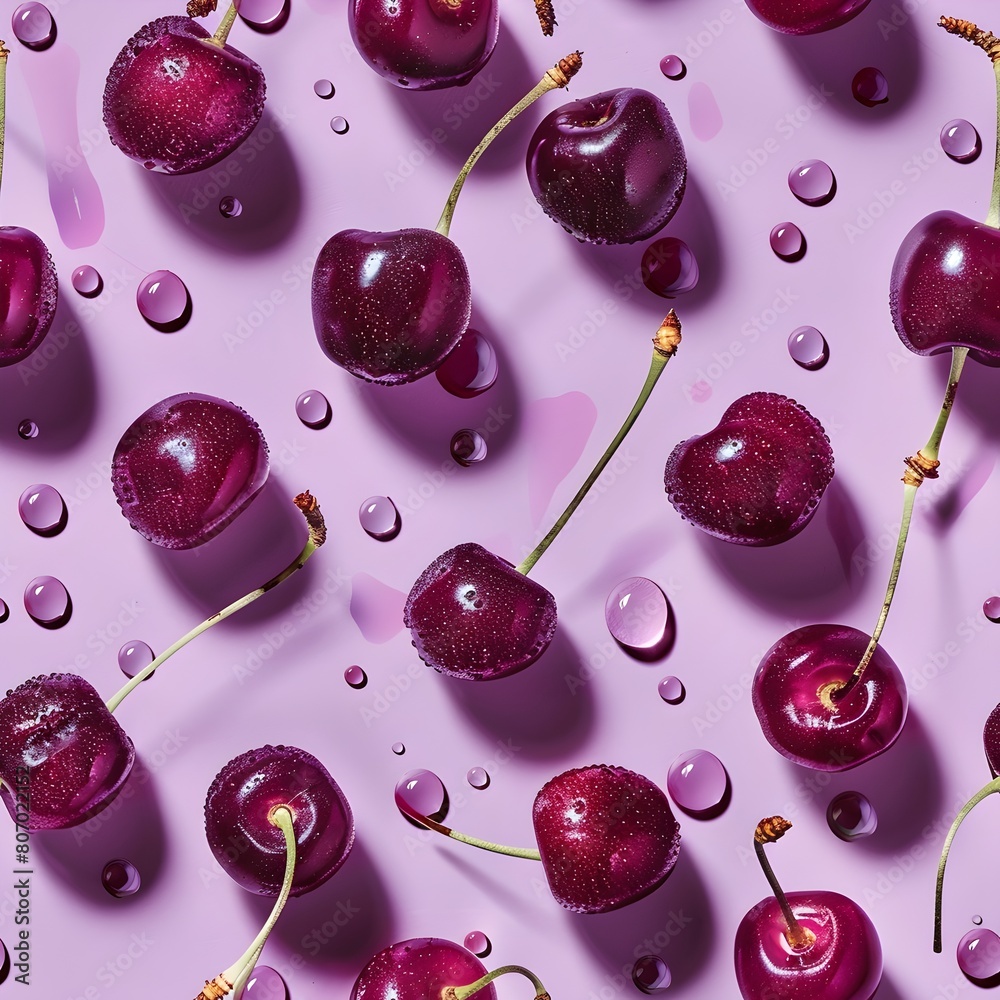 A close up of cherries with water droplets on them. The cherries are ...