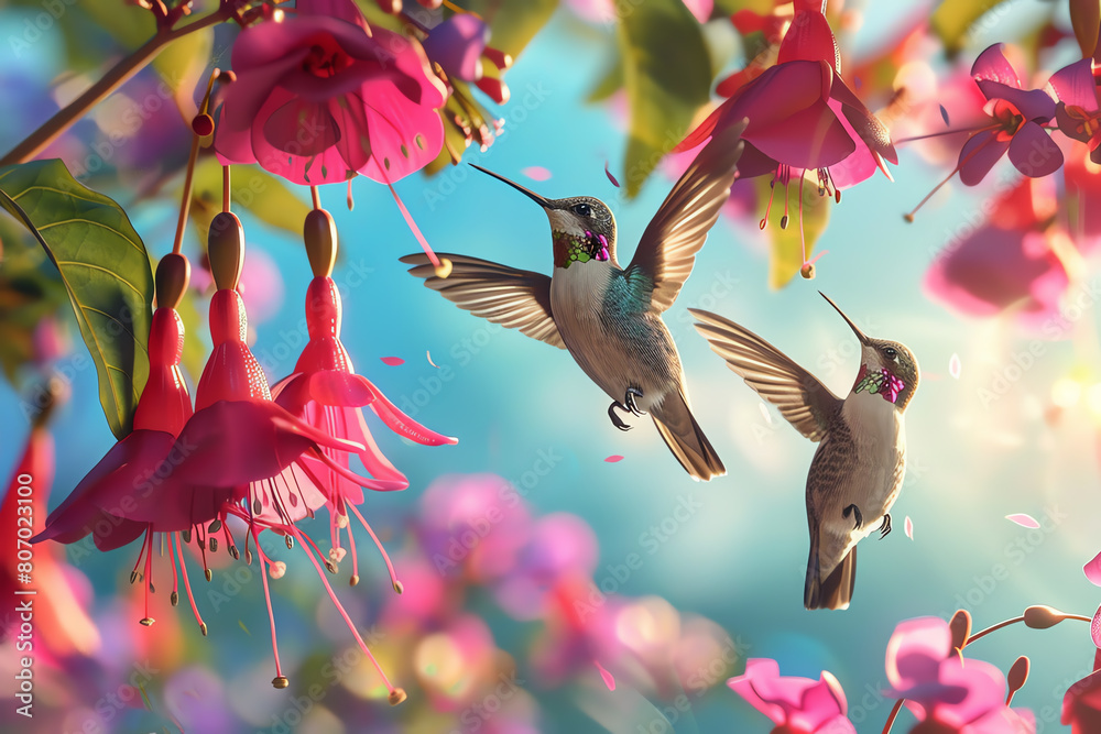 Illustrate a whimsical scene of two hummingbirds - one teaching the ...