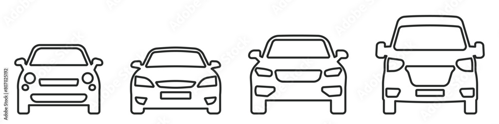 Simple outline car icon collection with editable line stroke. Front ...