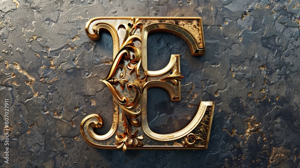 Elegant golden font letter e - intricately forged metal alphabet ...