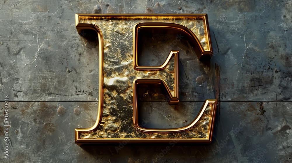 Elegant golden font letter e - intricately forged metal alphabet ...