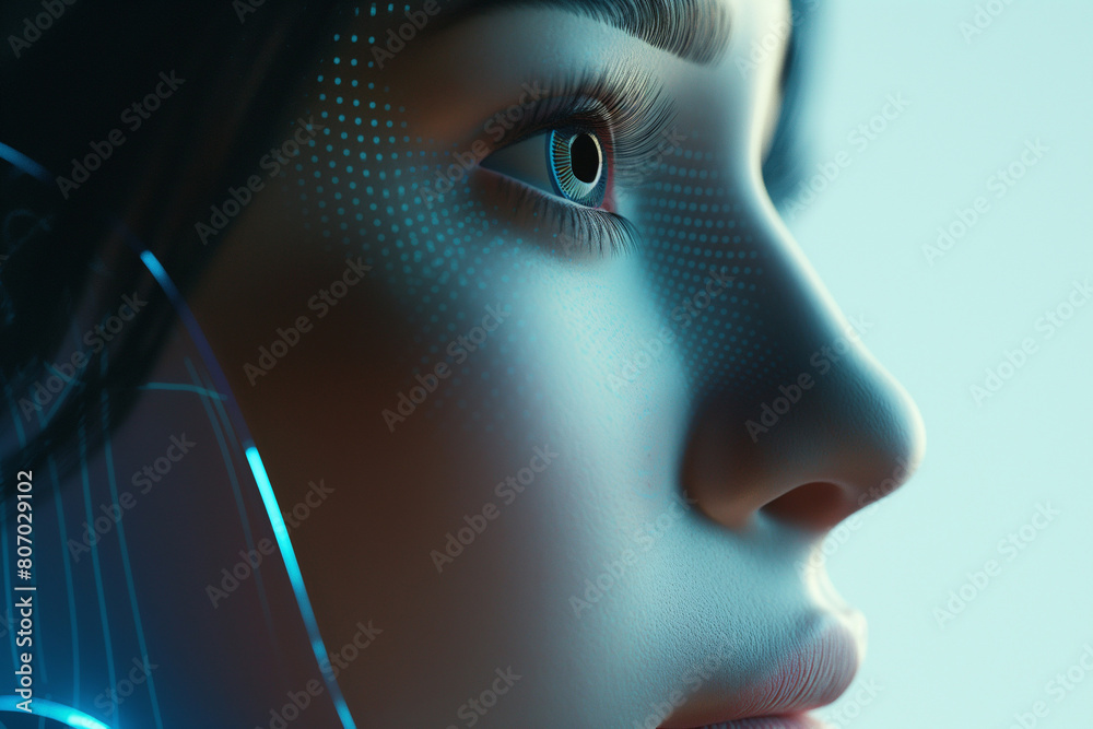 Digital of a woman's face with futuristic face technology, cybernetics ...