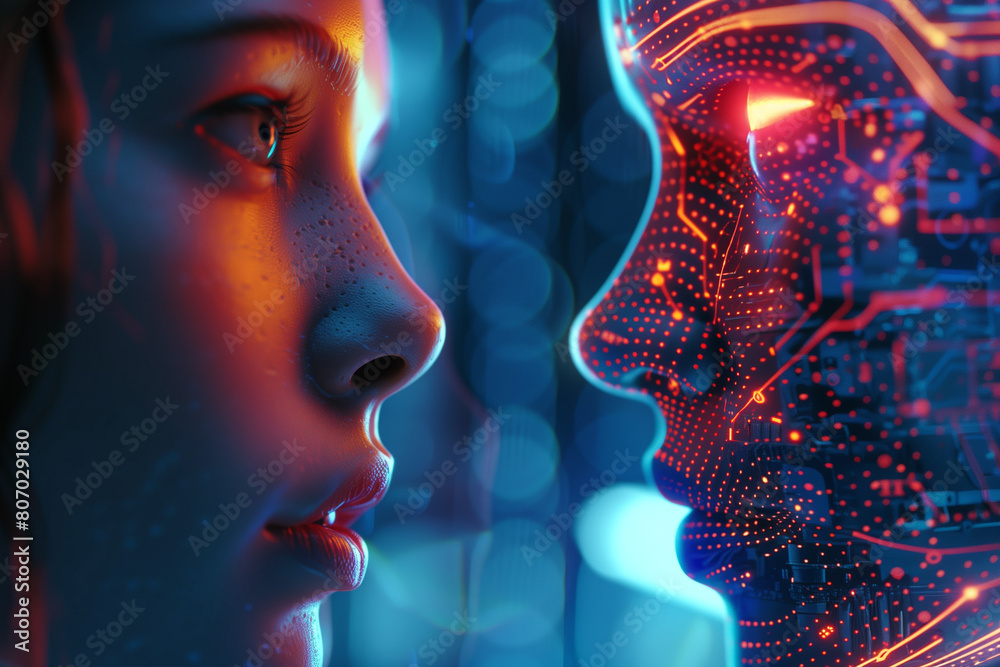 Digital of a woman's face with futuristic face technology, cybernetics ...