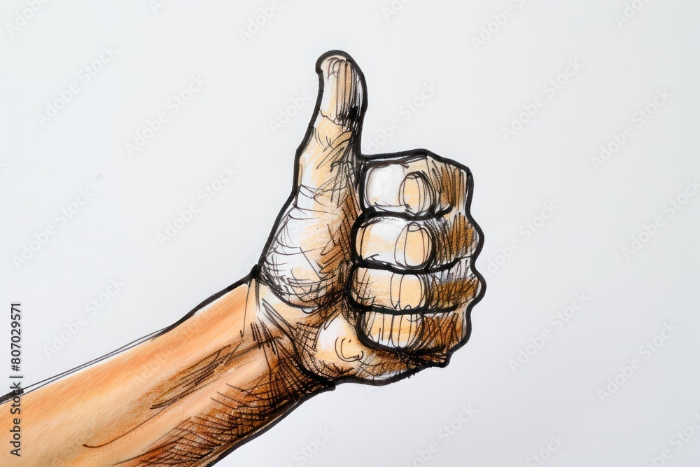 Man's hand with thumbs up, like symbol, well done. Pencil sketch ...