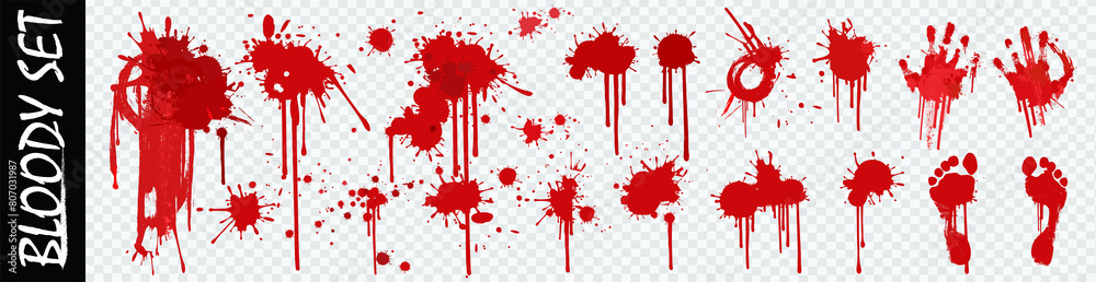 Big bloody vector set of blood marks, stains and footprints. Spatters ...