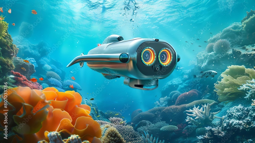 An underwater drone exploring the depths of the ocean, mapping new ...
