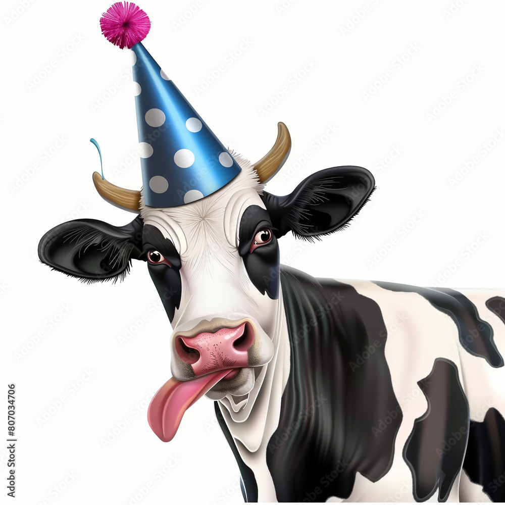 Funny cartoon cow wearing party hat and sticks out tongue isolated over ...