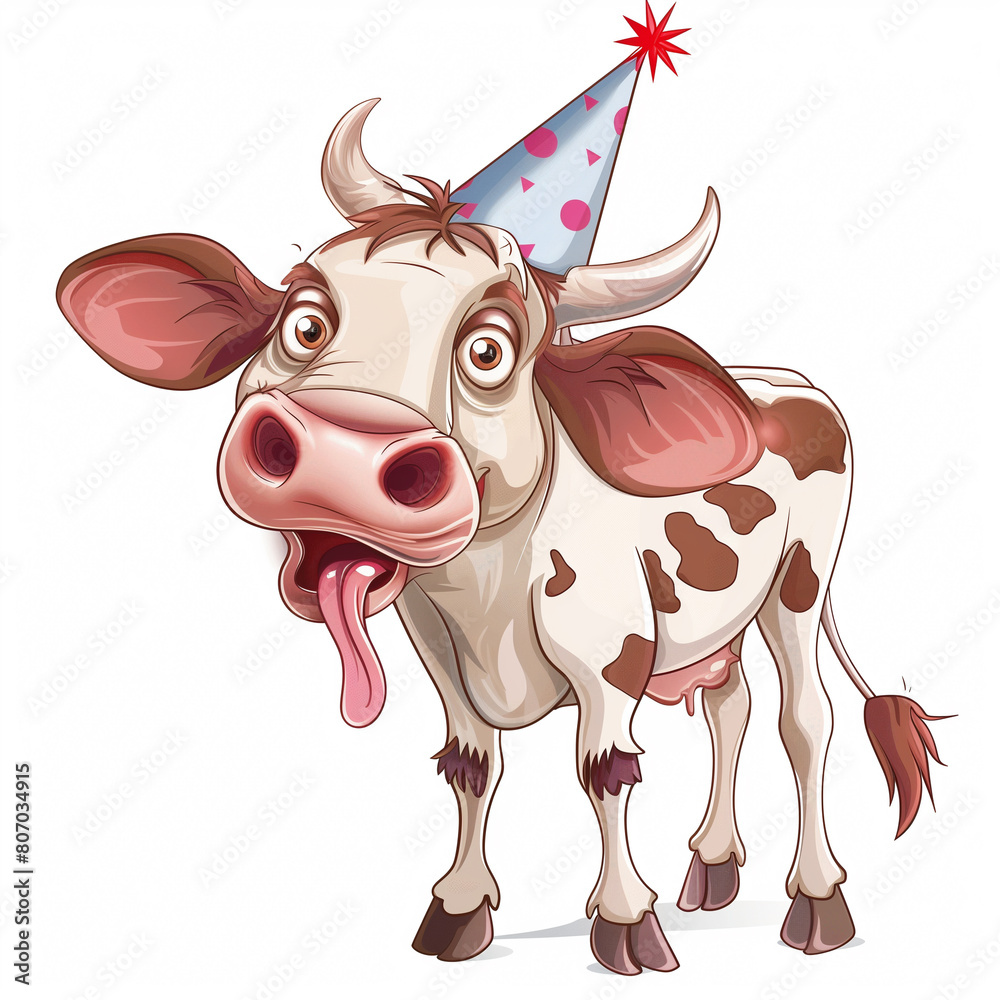 Funny cartoon cow wearing party hat and sticks out tongue isolated over ...