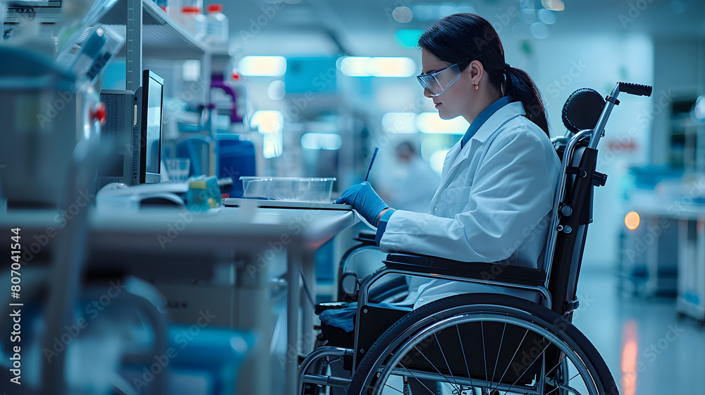 Disabled female scientist professional in wheelchair doing innovative ...