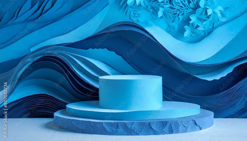 Blue background with decorative papercraft theme and a podium. for mock ...