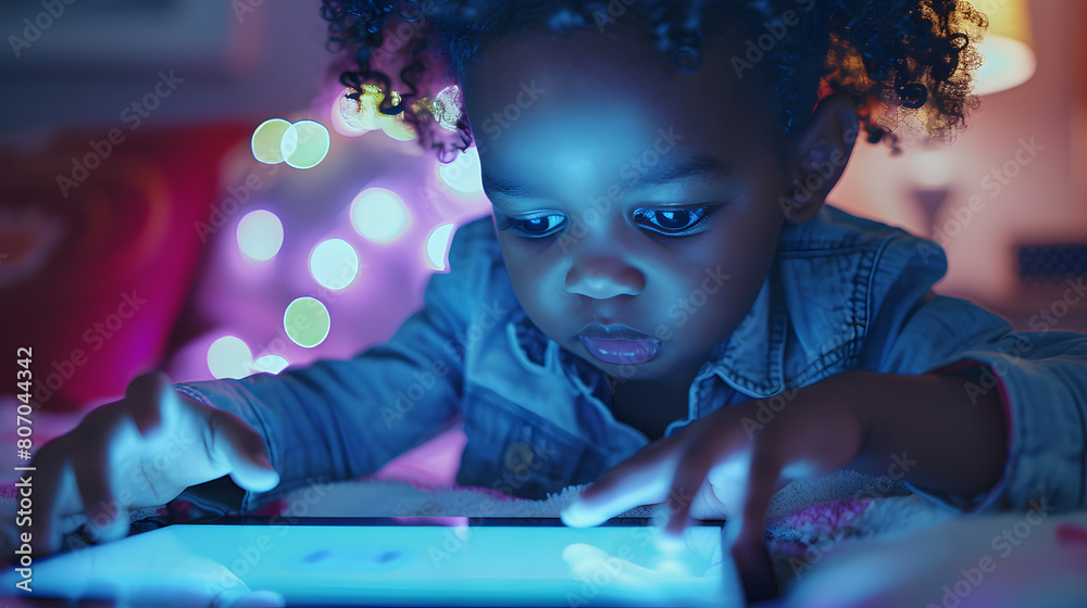 Young black child using smart tablet. Happy african american boy gaming ...