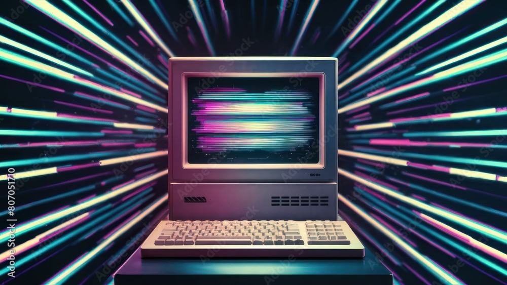 Vintage computer screen displaying 80s retro wave style background with ...