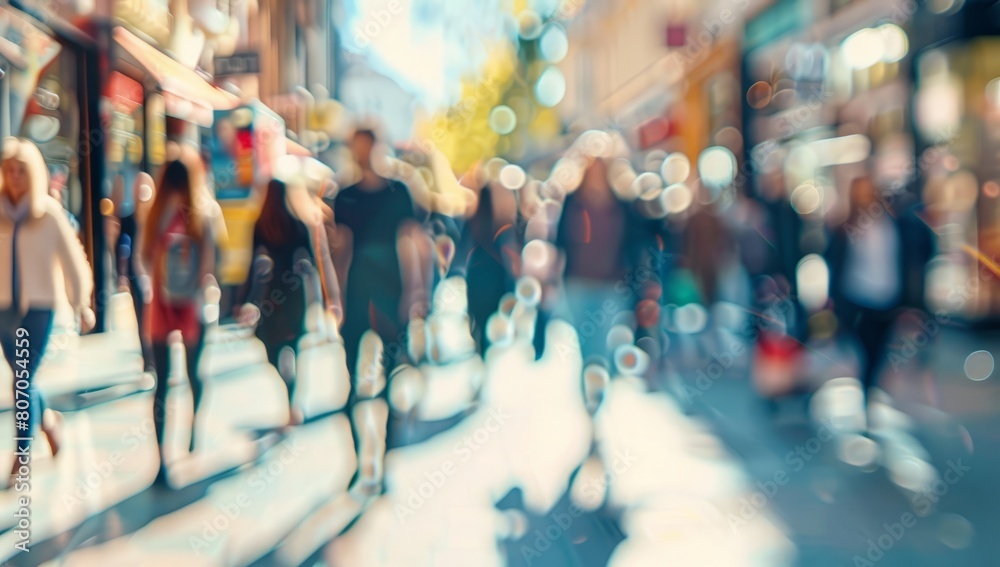Blurred background of a busy street with a crowd walking fast, with a ...