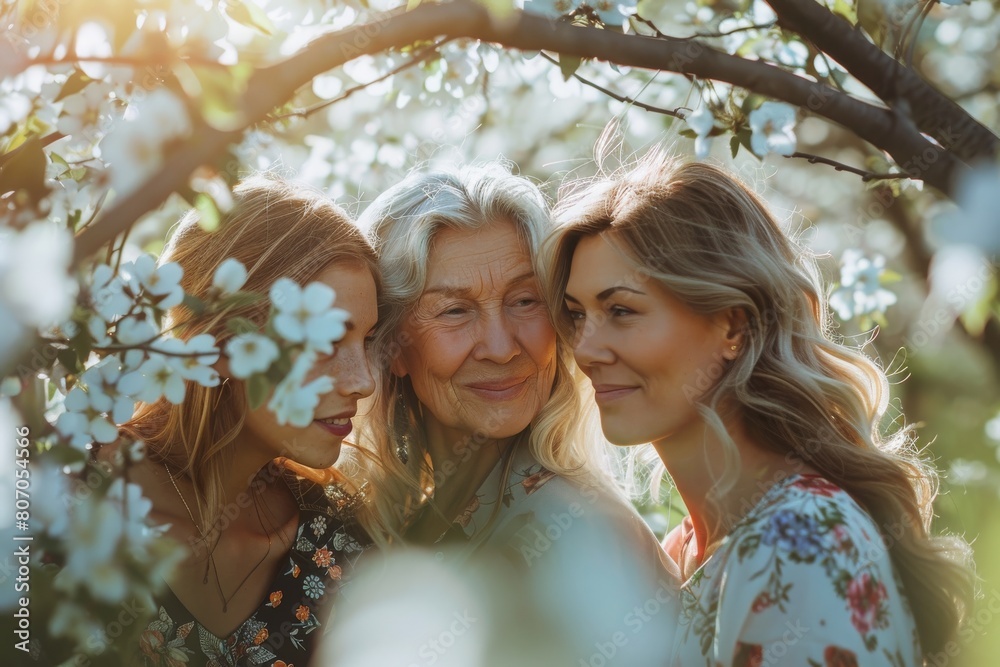 Three generations of women enjoy a serene moment together under a ...