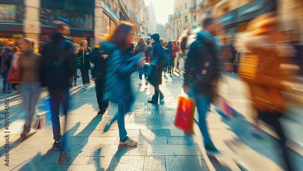 Blurred background of a busy street with a crowd walking fast, with a ...
