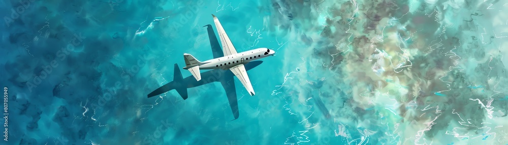 Illustrate an overhead shot of a hydrogen fuel cell plane flying over a ...