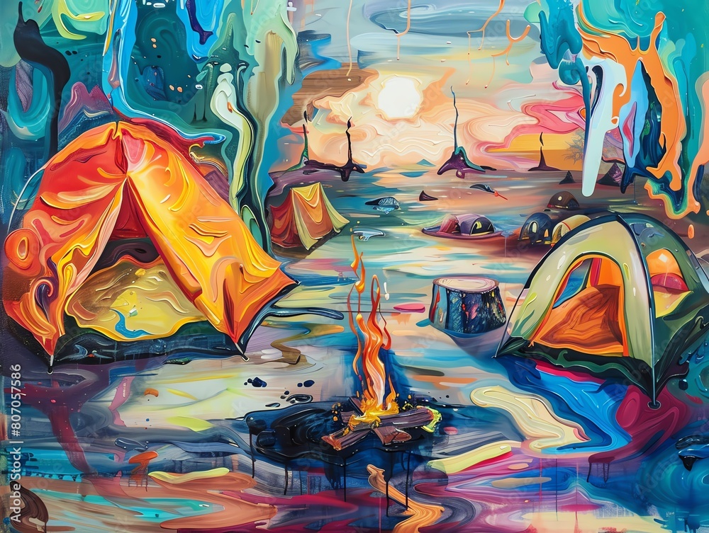Imagine a traditional oil painting of a surrealist campsite from a ...