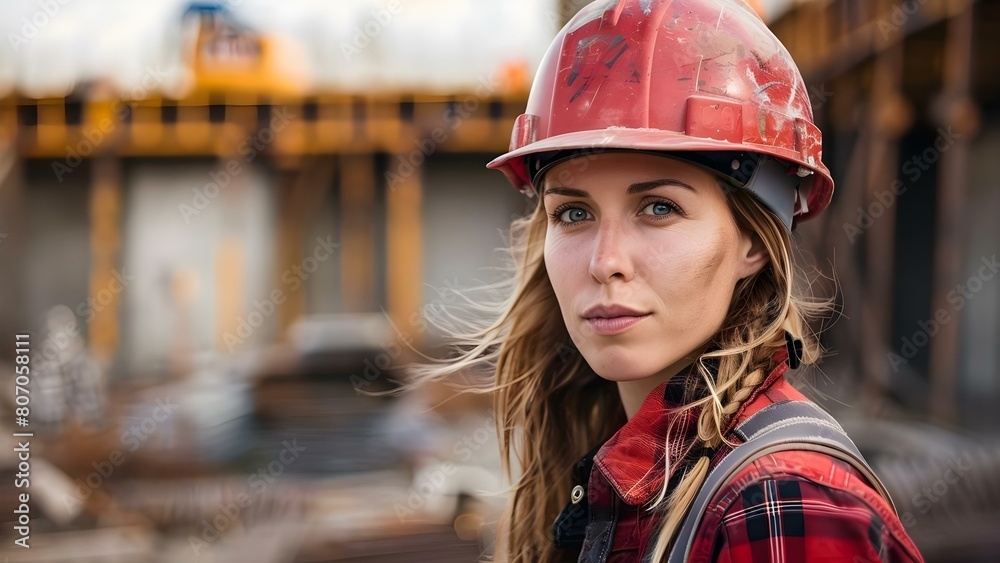 Portrait of female construction worker with helmet in front of building ...