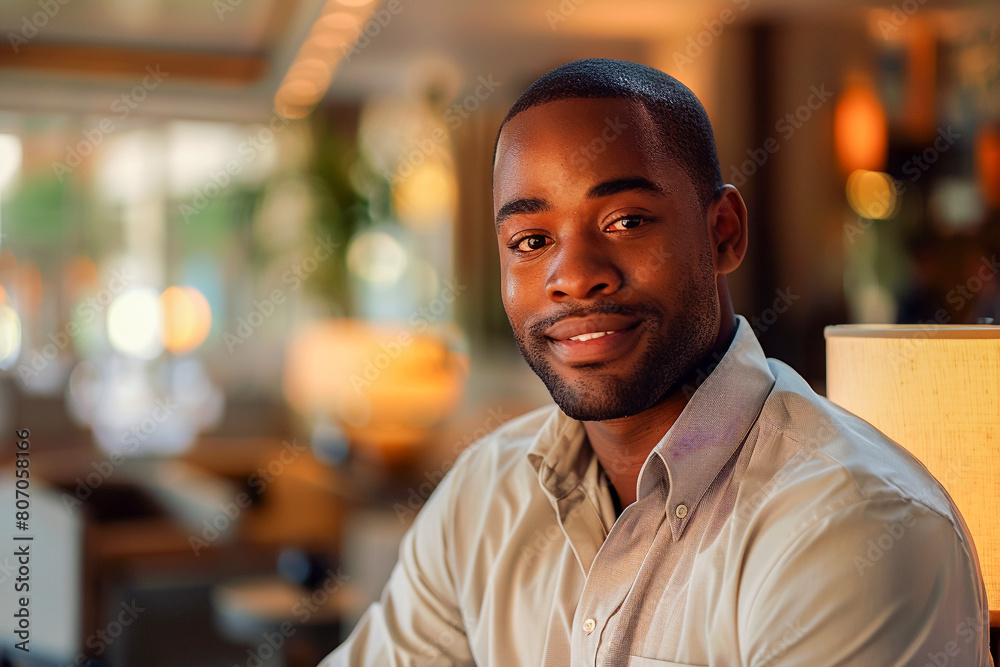 African American man in hotel lobby, checking into his room, travel ...