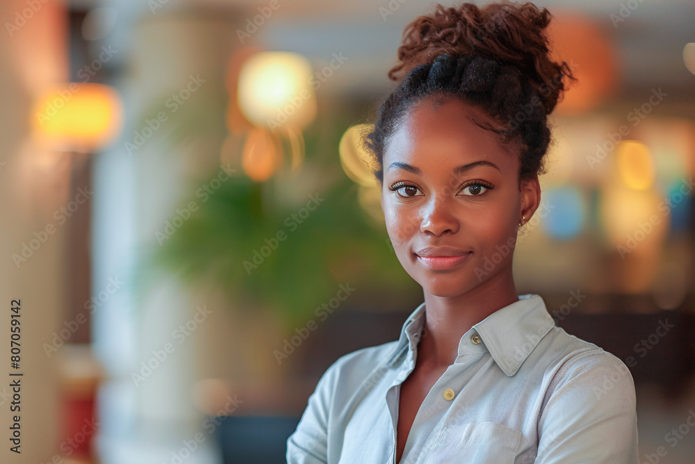 hotel employee african american woman in hotel reception, handling ...