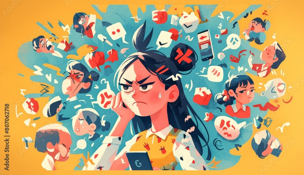A cartoon illustration of a stressed out mom surrounded by kids, work ...