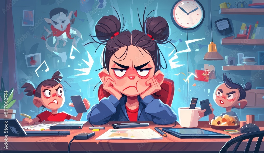 A cartoon illustration of an angry mother with her hands on her ears ...