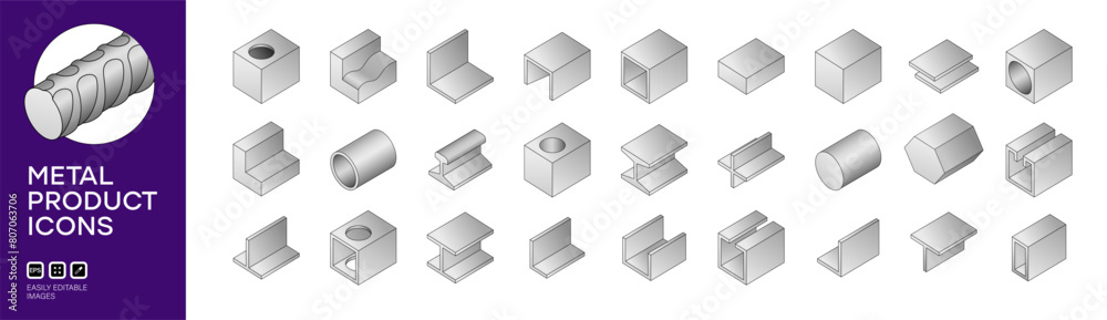 Steel products icon set in isometric style. Metal product icons set ...