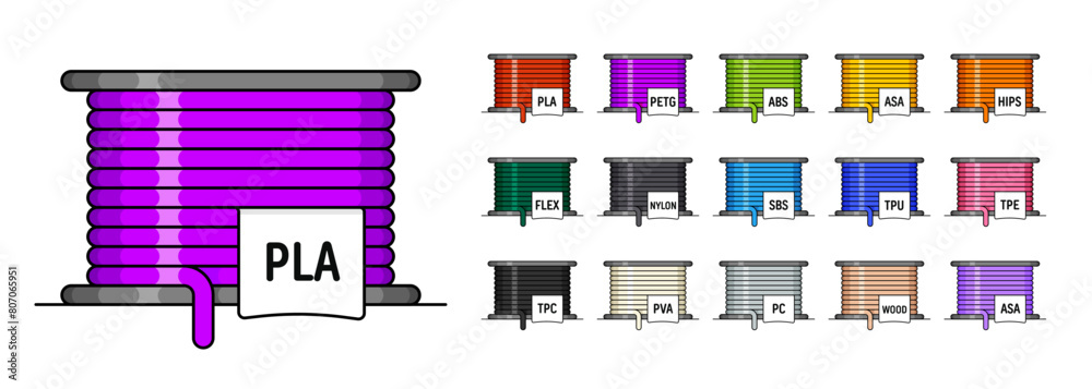 Set of icons with colorful 3d printing filament spools with labels for ...