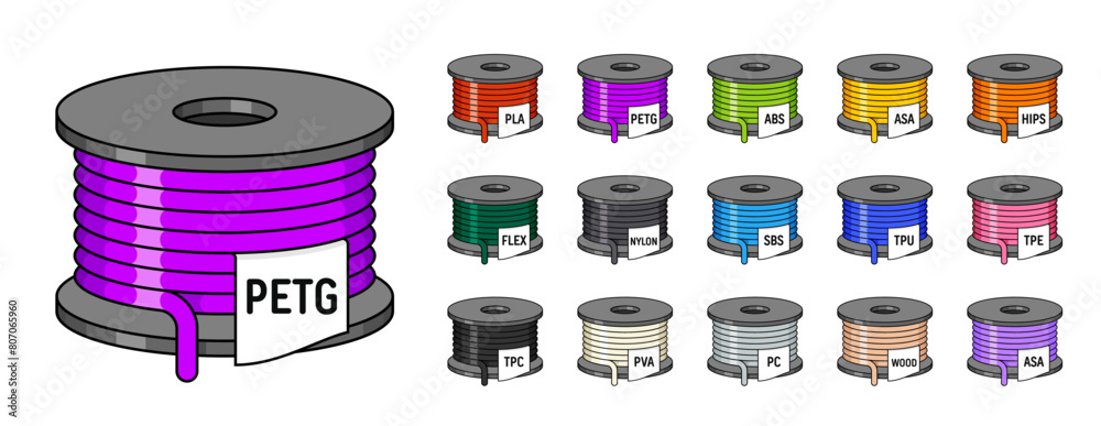 Set of icons with colorful 3d printing filament spools with labels for ...