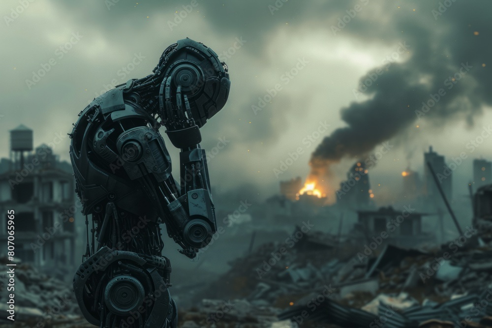 sad cyborg stands with his head propped up on his hand, thinking ...