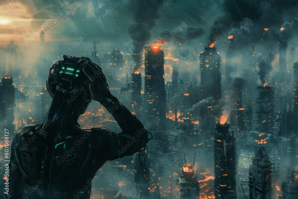 sad cyborg stands with his head propped up on his hand, thinking ...