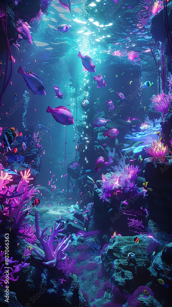 Craft a mystical underwater world with neon colors in digital art ...