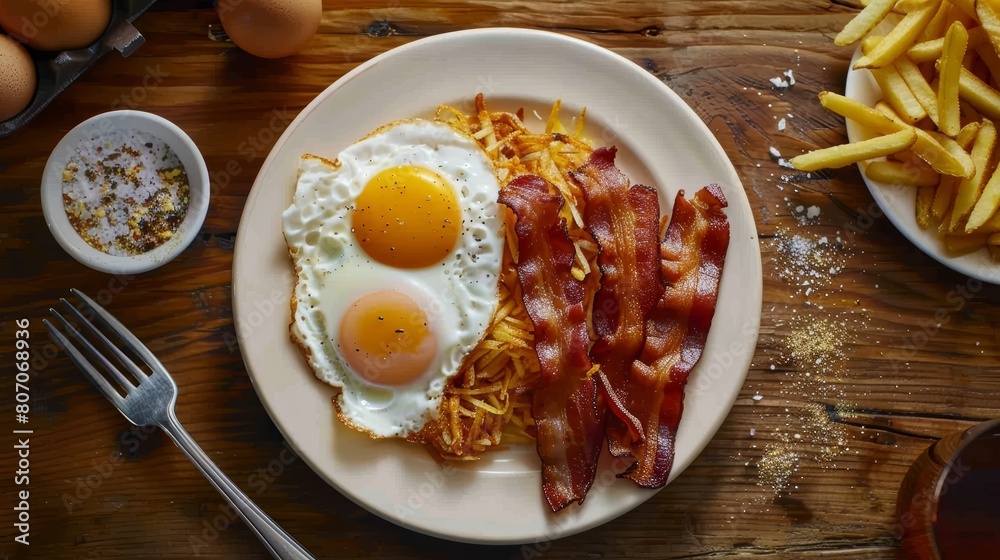 Inviting portrait showcasing a complete American breakfast plate with ...