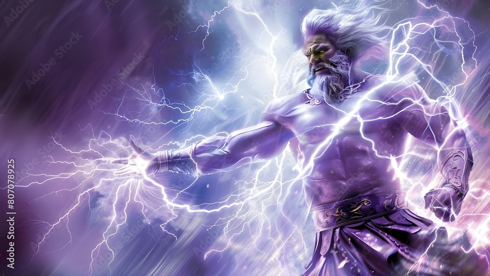 Zeus, the Greek god of thunder and lightning, depicted on Mount Olympus ...