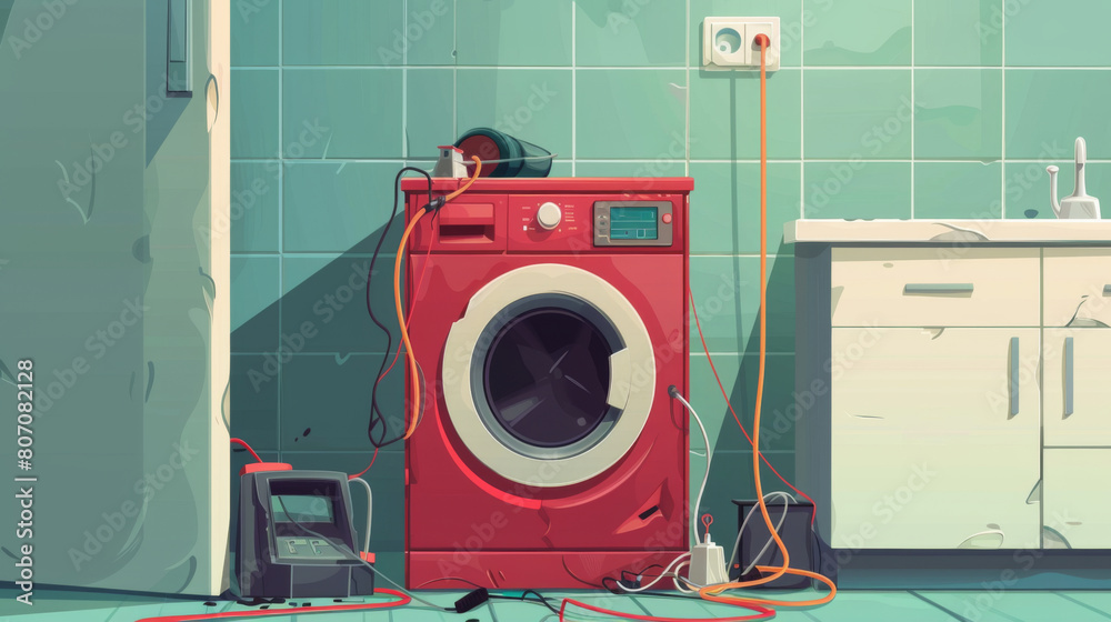 A red washing machine is overloaded with electrical wires, highlighting ...