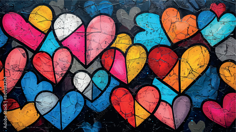A pattern of bright multi-colored hearts on a black background. Art ...