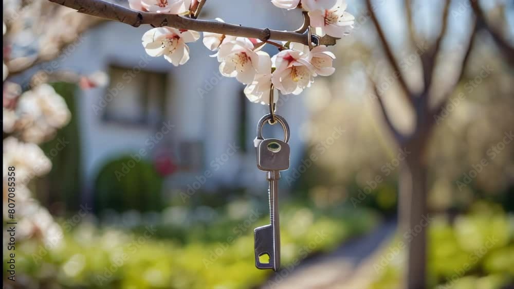 Blooming spring garden with house key hanging on tree branch, blurred ...