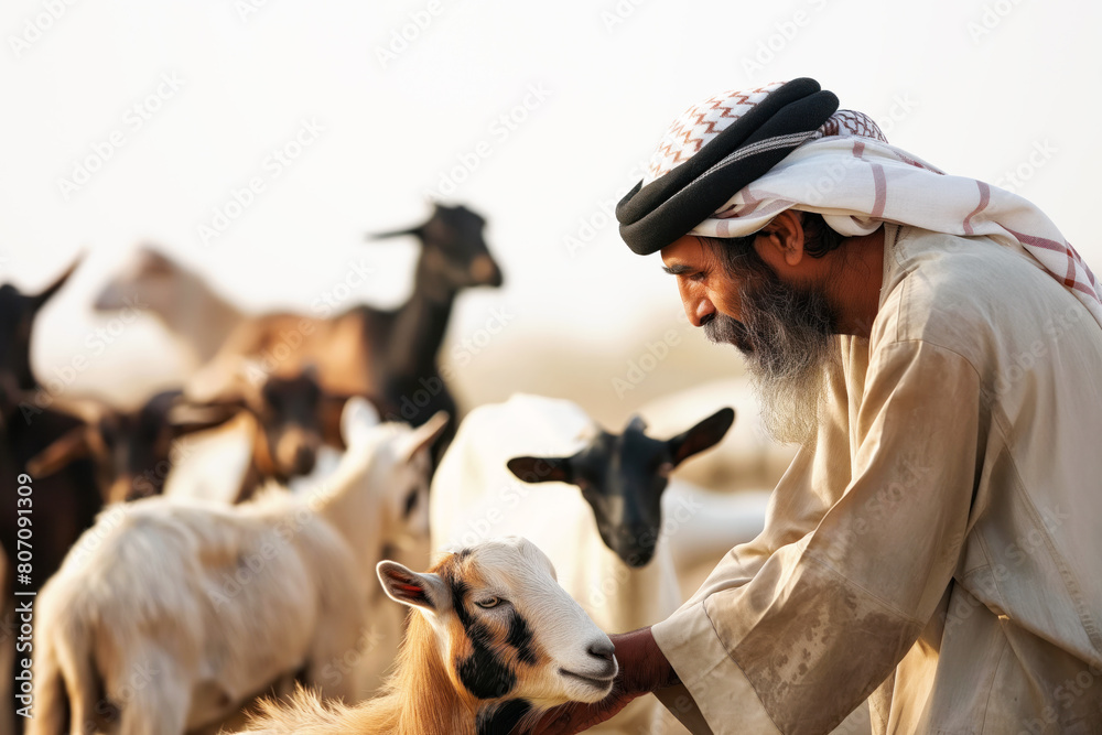 An Arab shepherd with his flock of sheep and goats for Eid al Adha ...