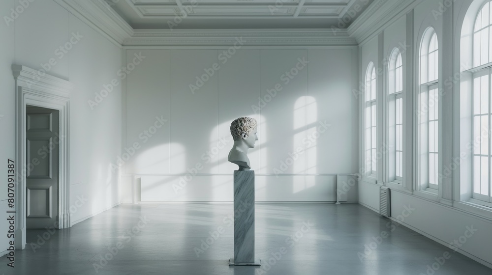 Roman sculpture head statue in middle of baroque rococo minimalist ...