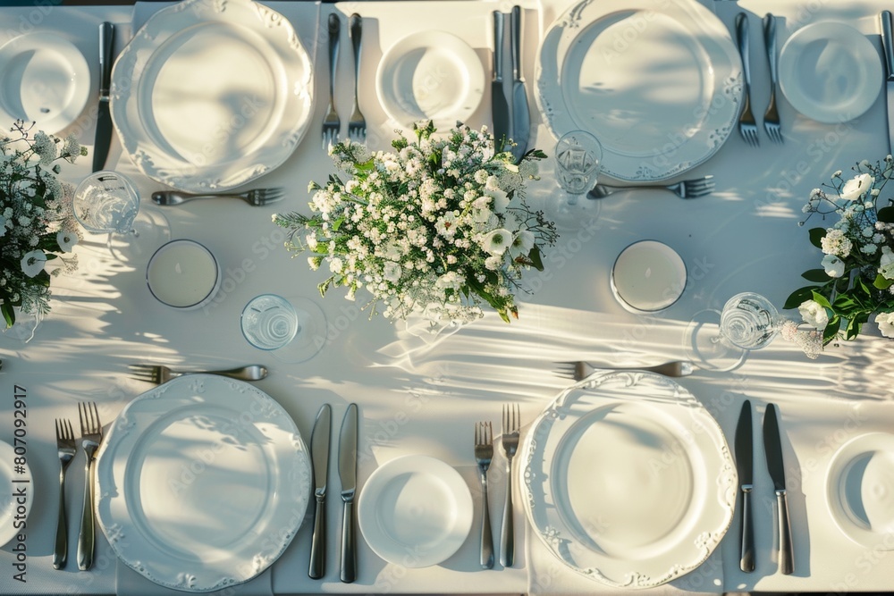 Overhead view of a perfectly set table, complete with empty plates and ...