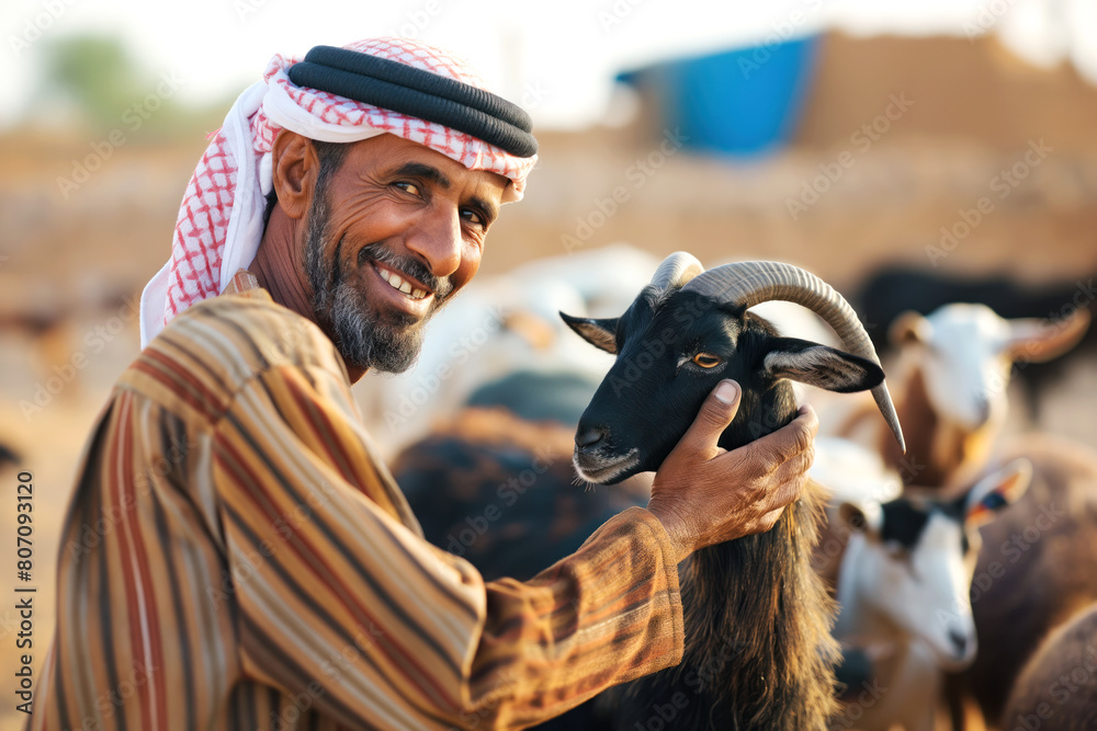 Portrait of an Arab man caressing a goat with his flock of sheep and ...