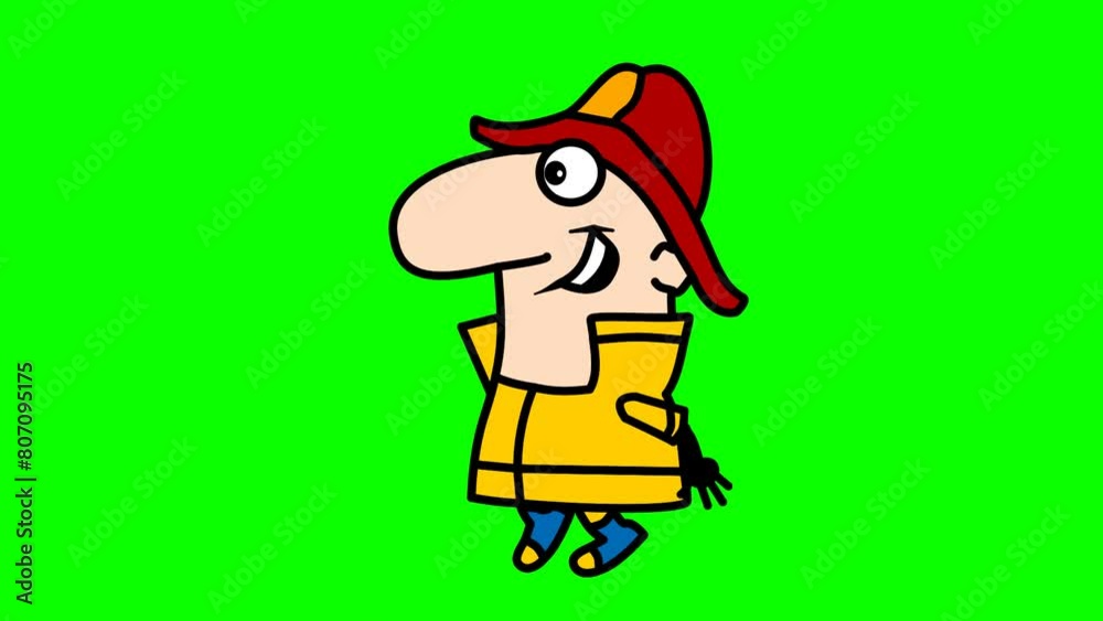 2d animated character of a fireman or a fisherman with a yellow uniform ...