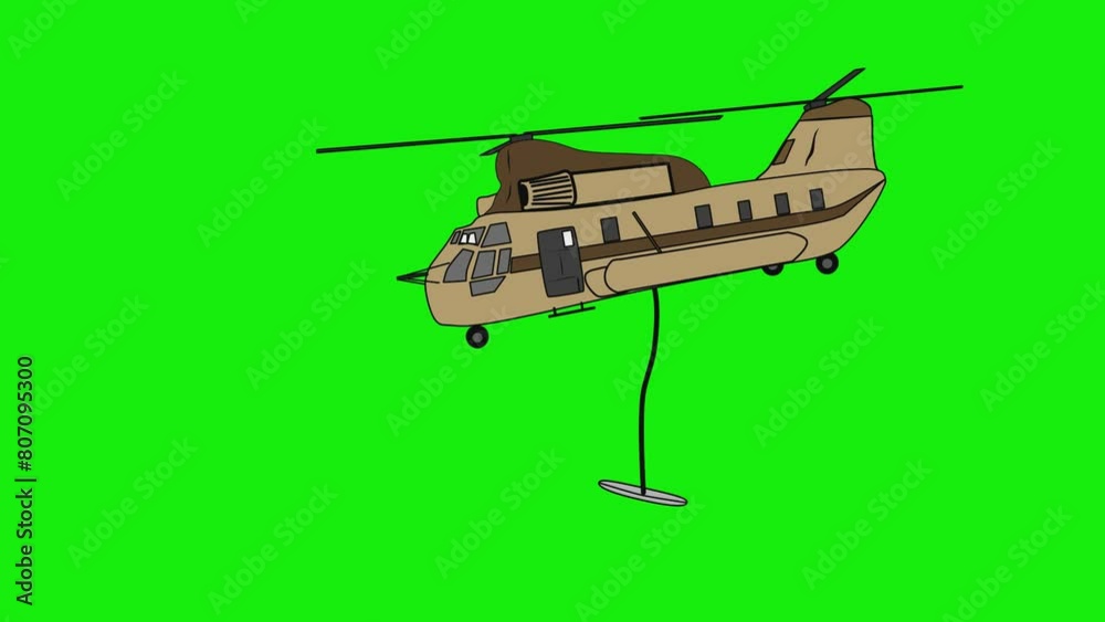 2d animated character of a giant war helicopter is flying and moving ...