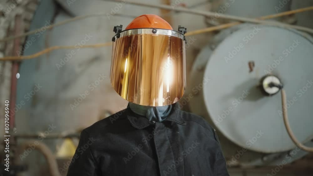 Factory worker with a reflective fireproof face shield and safety ...