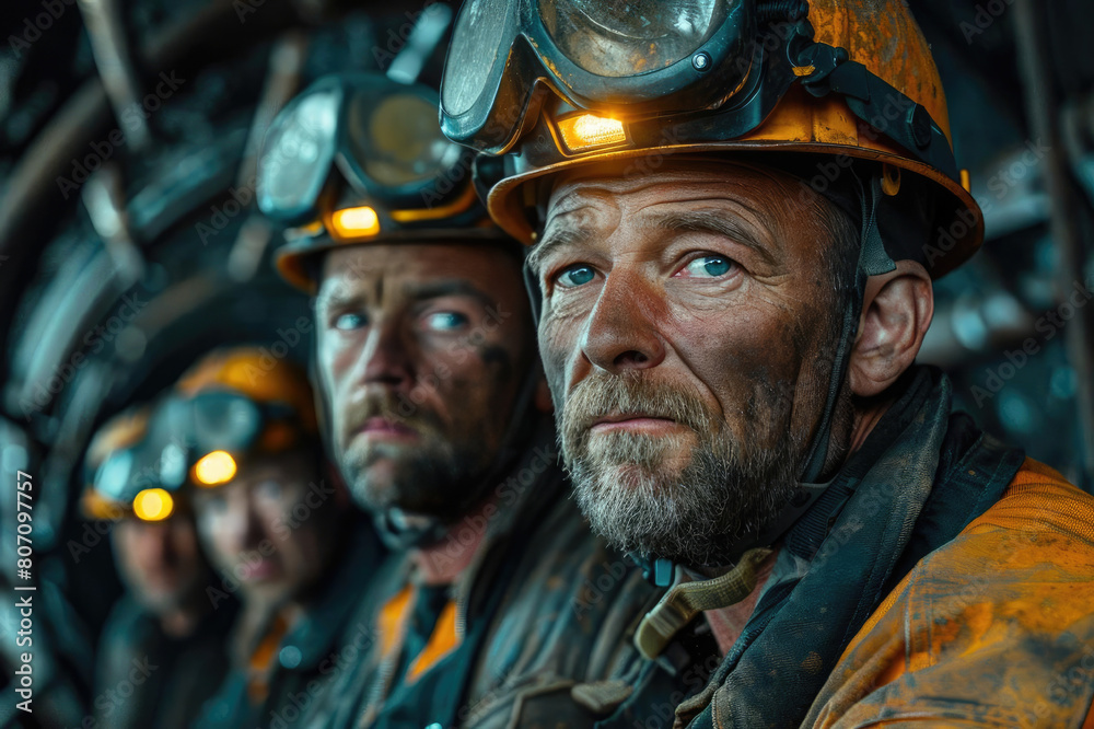 Exhausted team of miners, clad in hard hats and headlamps, captured in ...