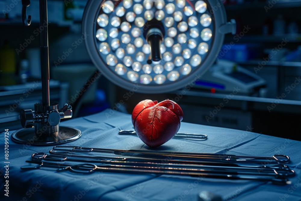 Surgical tools laid out next to a heart model under a bright operating ...