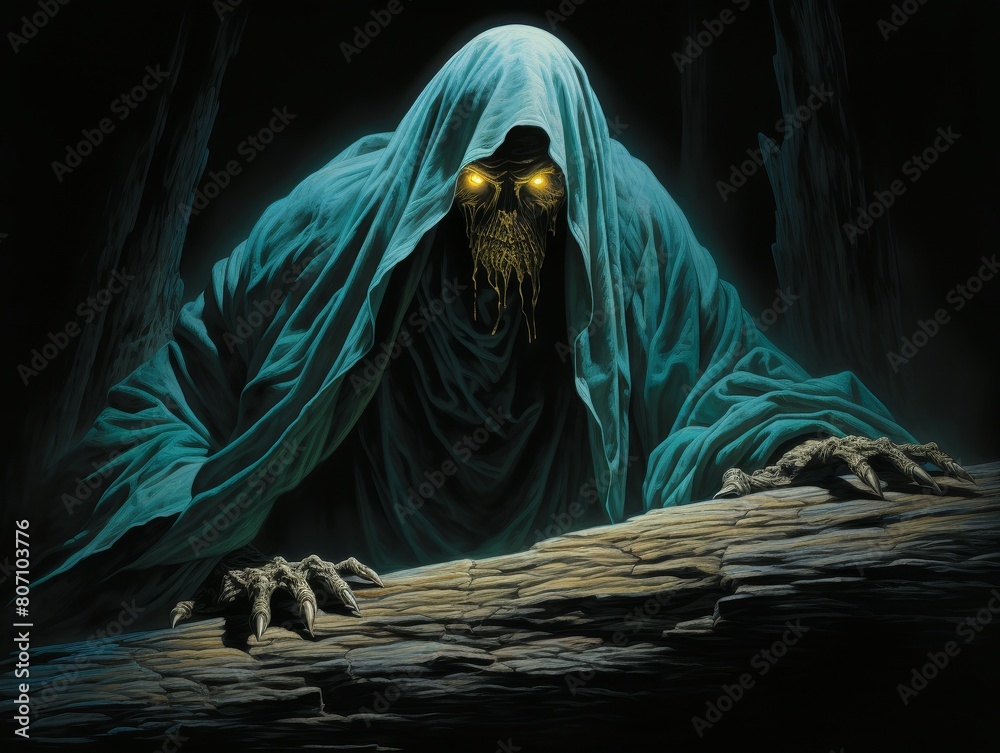 The dark figure is lurking in the shadows, its glowing eyes fixed on ...