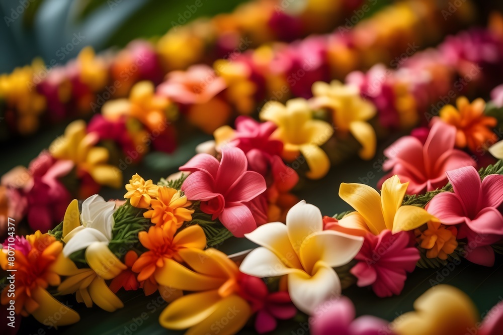 Tropical flower lei garlands over Hawaiian coastal view. Lei Day ...